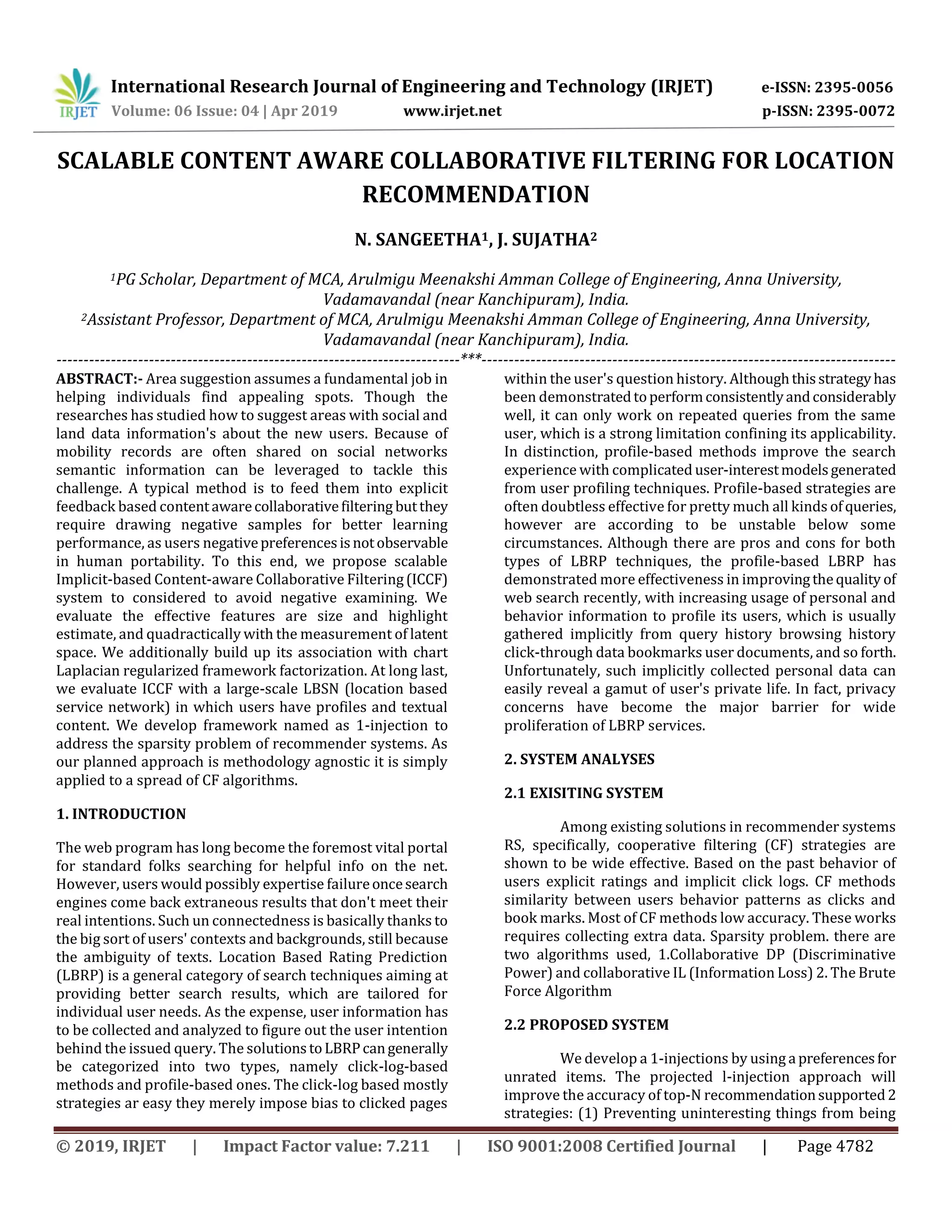IRJET- Scalable Content Aware Collaborative Filtering for Location Recommendation | PDF