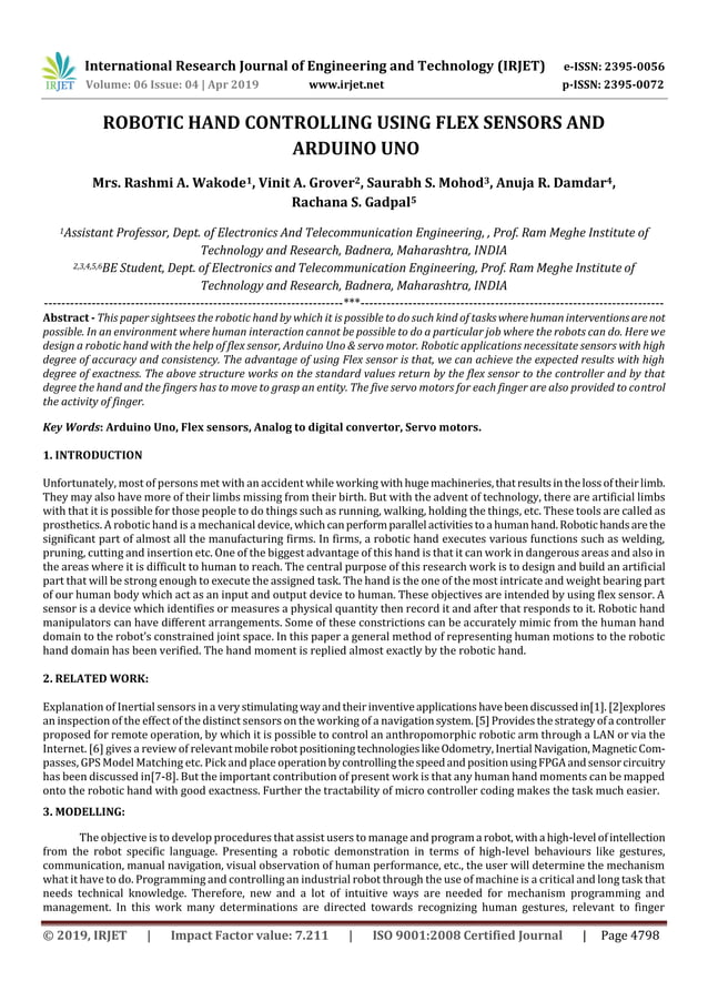 IRJET- Robotic Hand Controlling using Flex Sensors and Arduino UNO | PDF