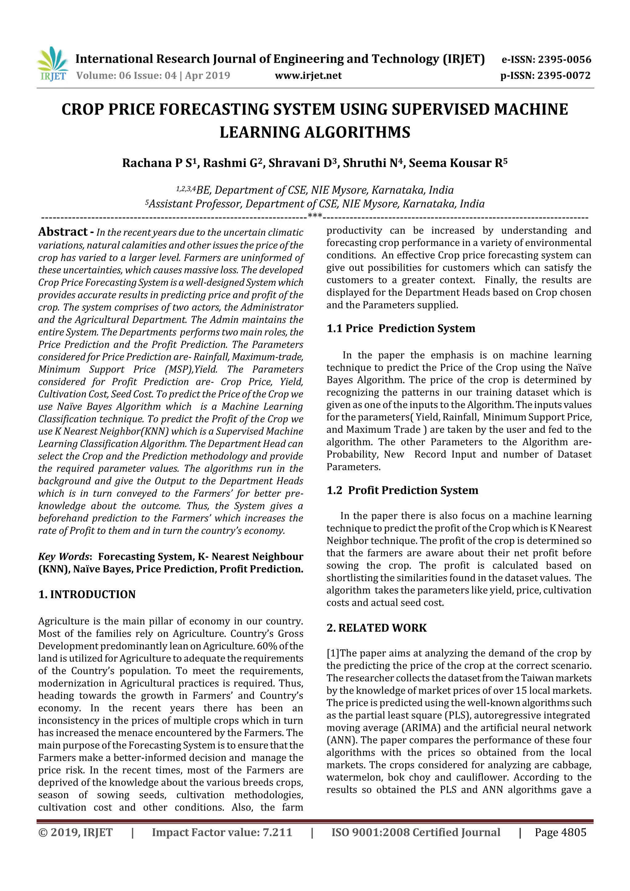 IRJET- Crop Price Forecasting System using Supervised Machine Learning Algorithms | PDF
