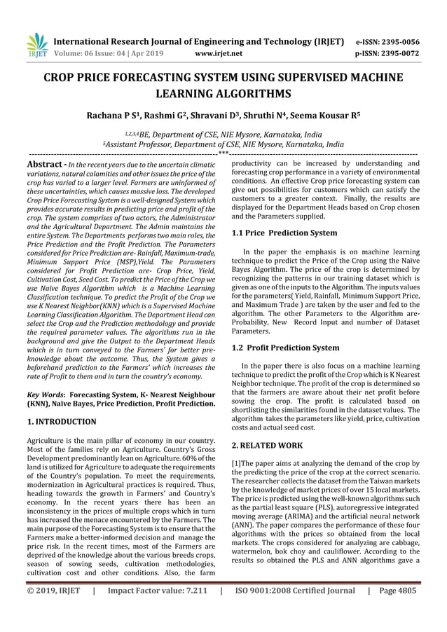 IRJET- Crop Price Forecasting System using Supervised Machine Learning Algorithms | PDF