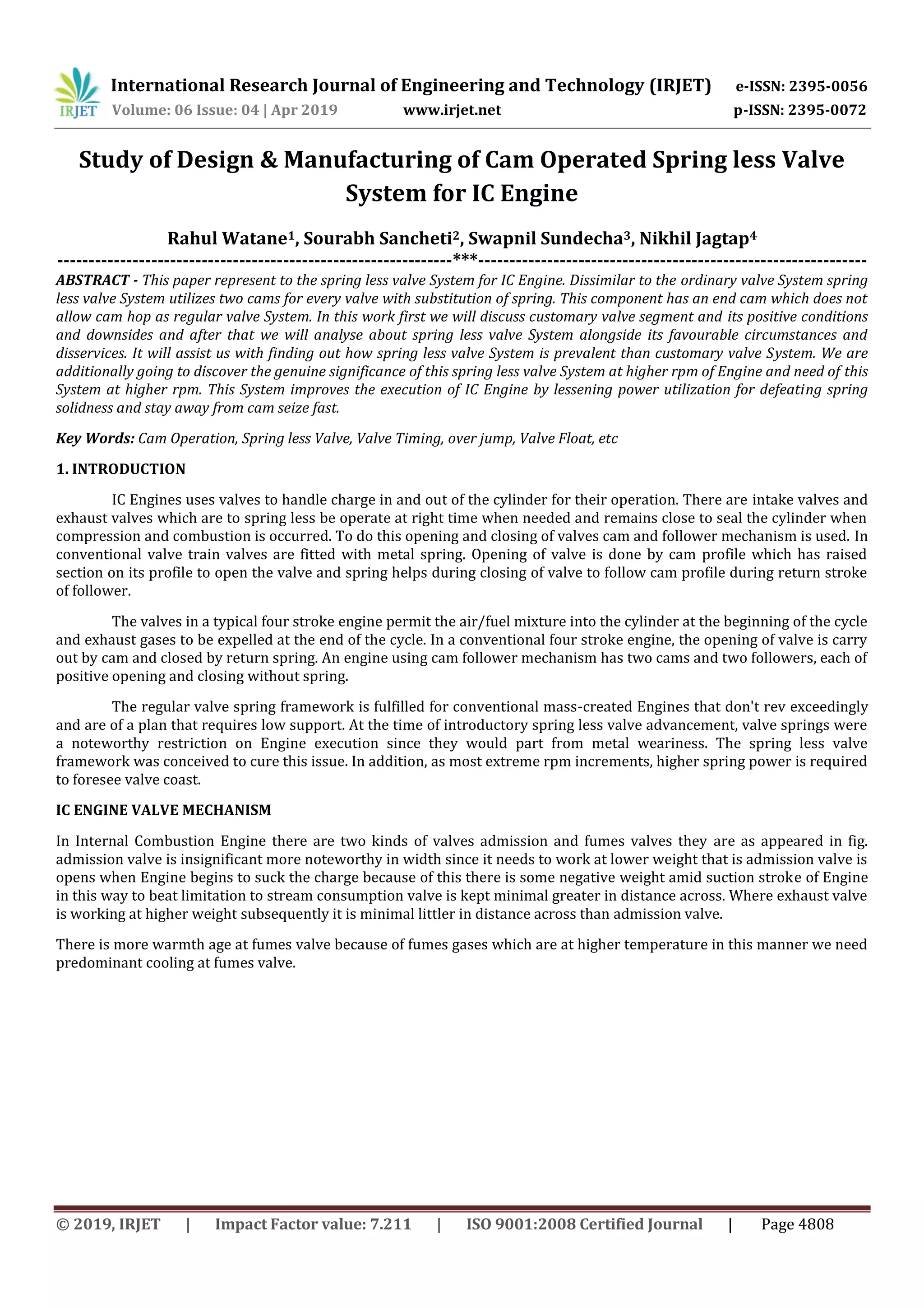 IRJET- Study of Design & Manufacturing of Cam Operated Spring Less ...