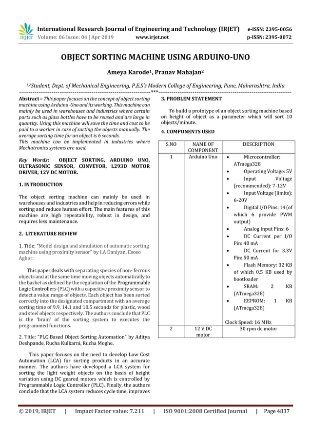 IRJET- Object Sorting Machine using Arduino-Uno | PDF