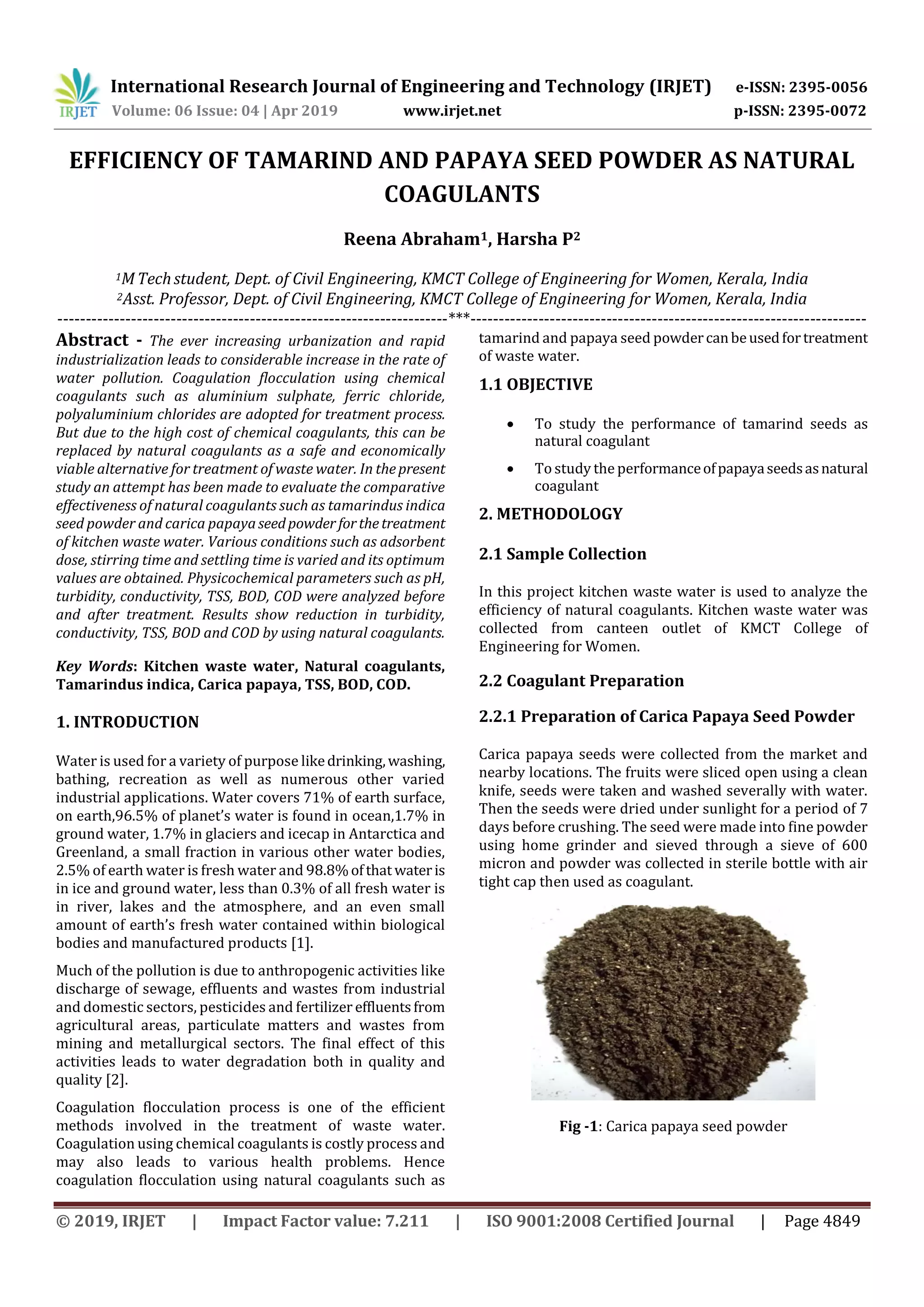 IRJET- Efficiency of Tamarind and Papaya Seed Powder as Natural ...