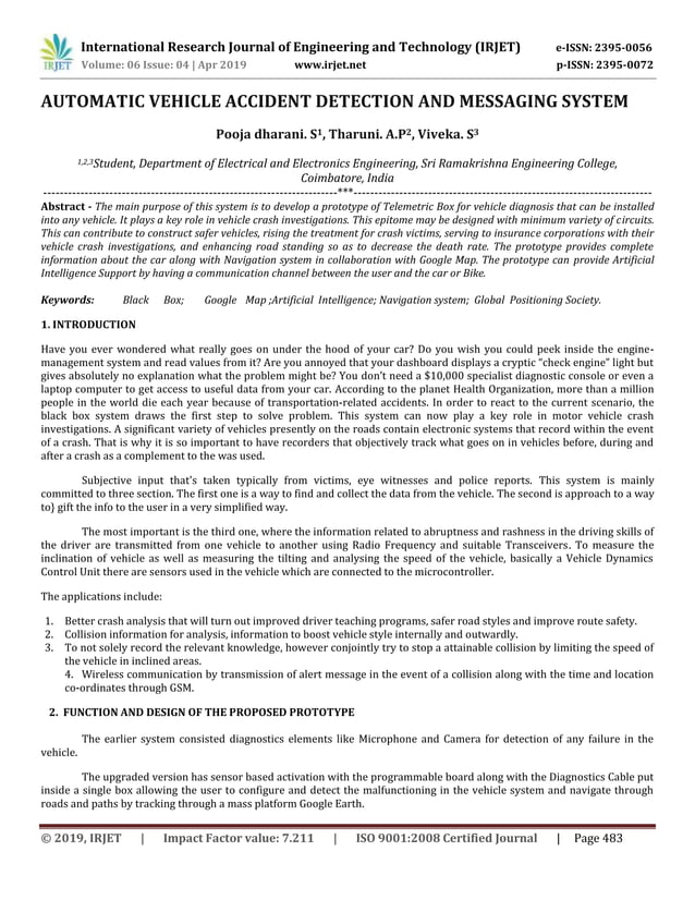 IRJET- Automatic Vehicle Accident Detection and Messaging System | PDF