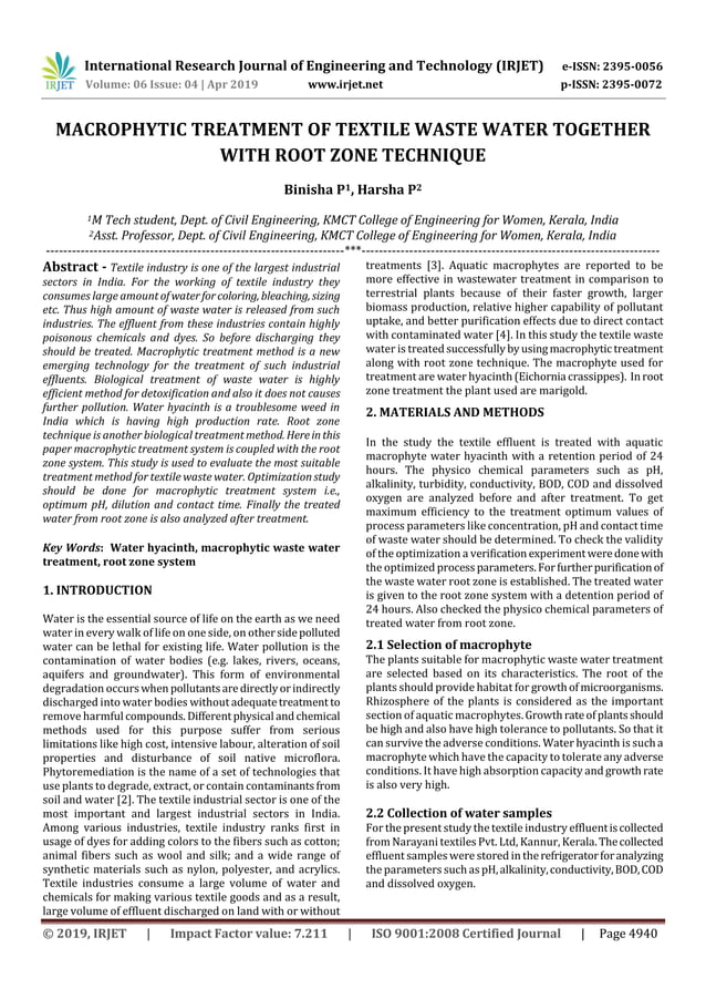 IRJET- Macrophytic Treatment of Textile Waste Water Together with Root ...
