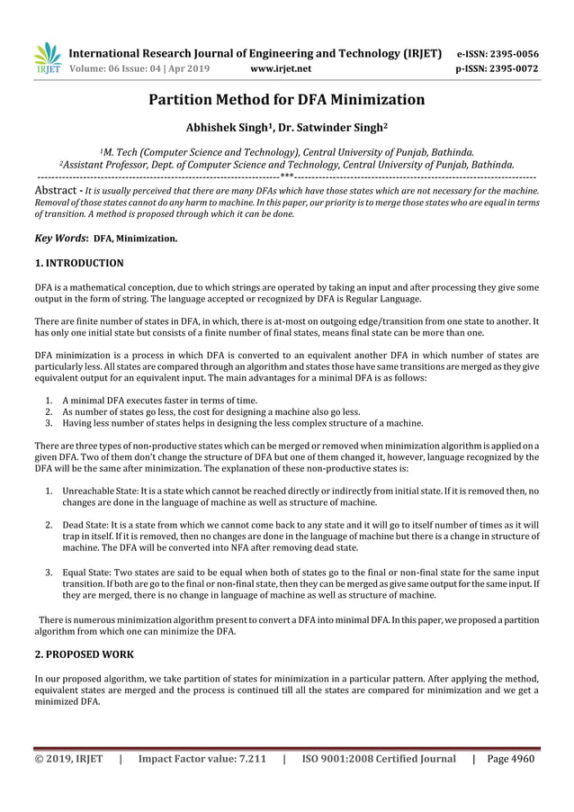 IRJET- Partition Method for DFA Minimization | PDF | Databases | Computer Software and Applications