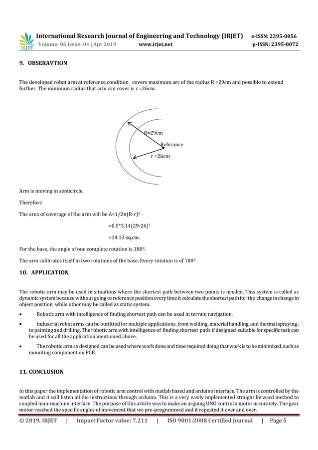 Irjet Development Of Robotic Arm Using Arduino And Matlab R2016a Pdf