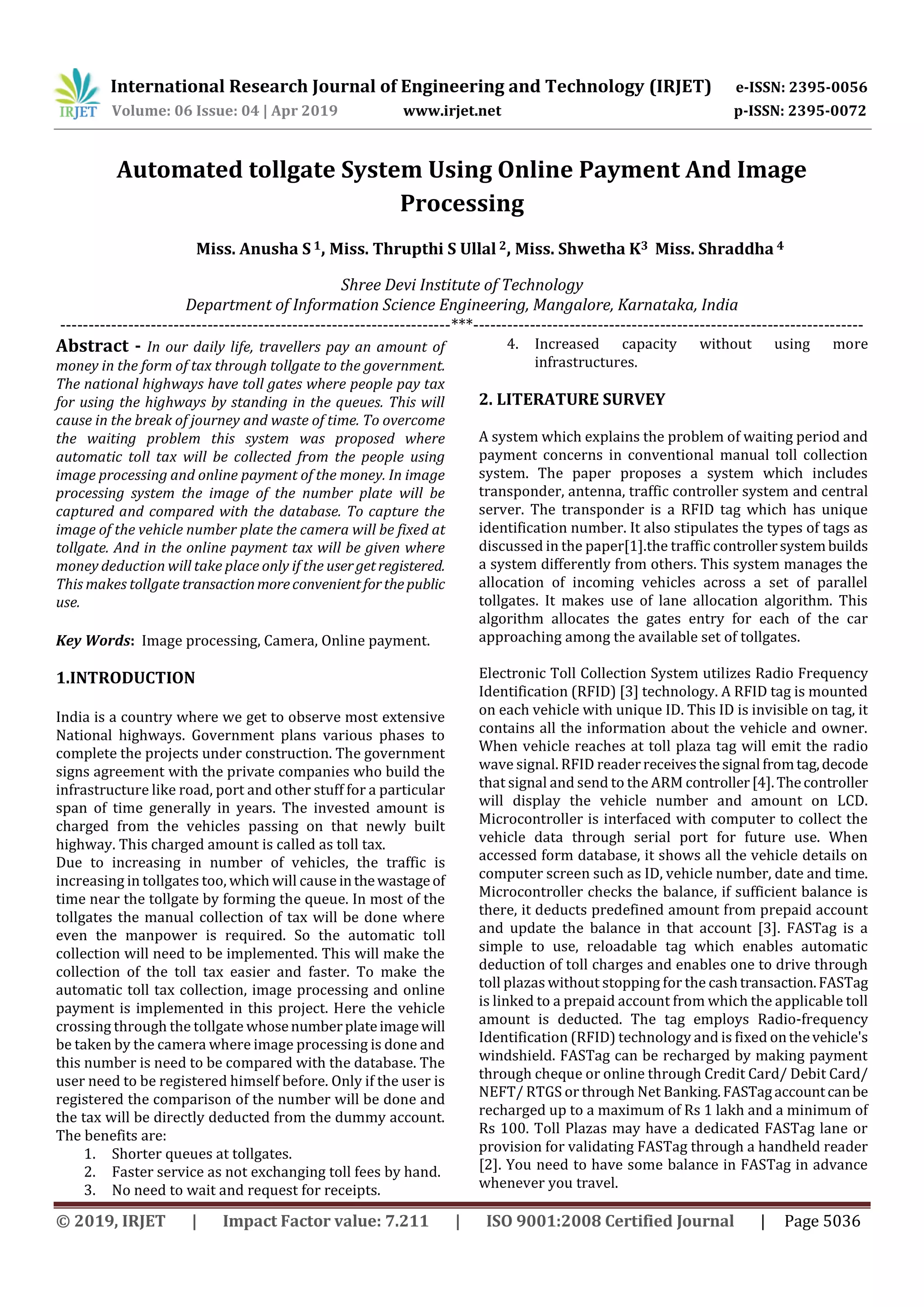 IRJET- Automated Tollgate System Using Online Payment And Image ...