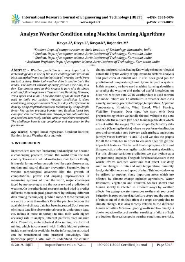 Irjet Analyze Weather Condition Using Machine Learning Algorithms Pdf