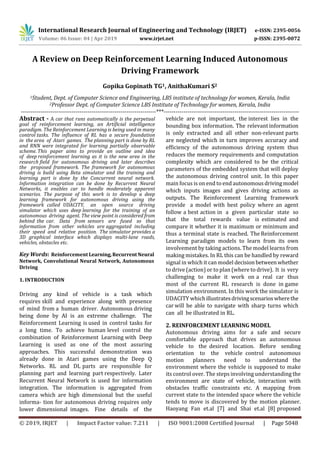 IRJET- A Review on Deep Reinforcement Learning Induced Autonomous Driving Framework | PDF
