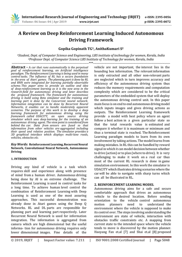 IRJET- A Review on Deep Reinforcement Learning Induced Autonomous Driving Framework | PDF