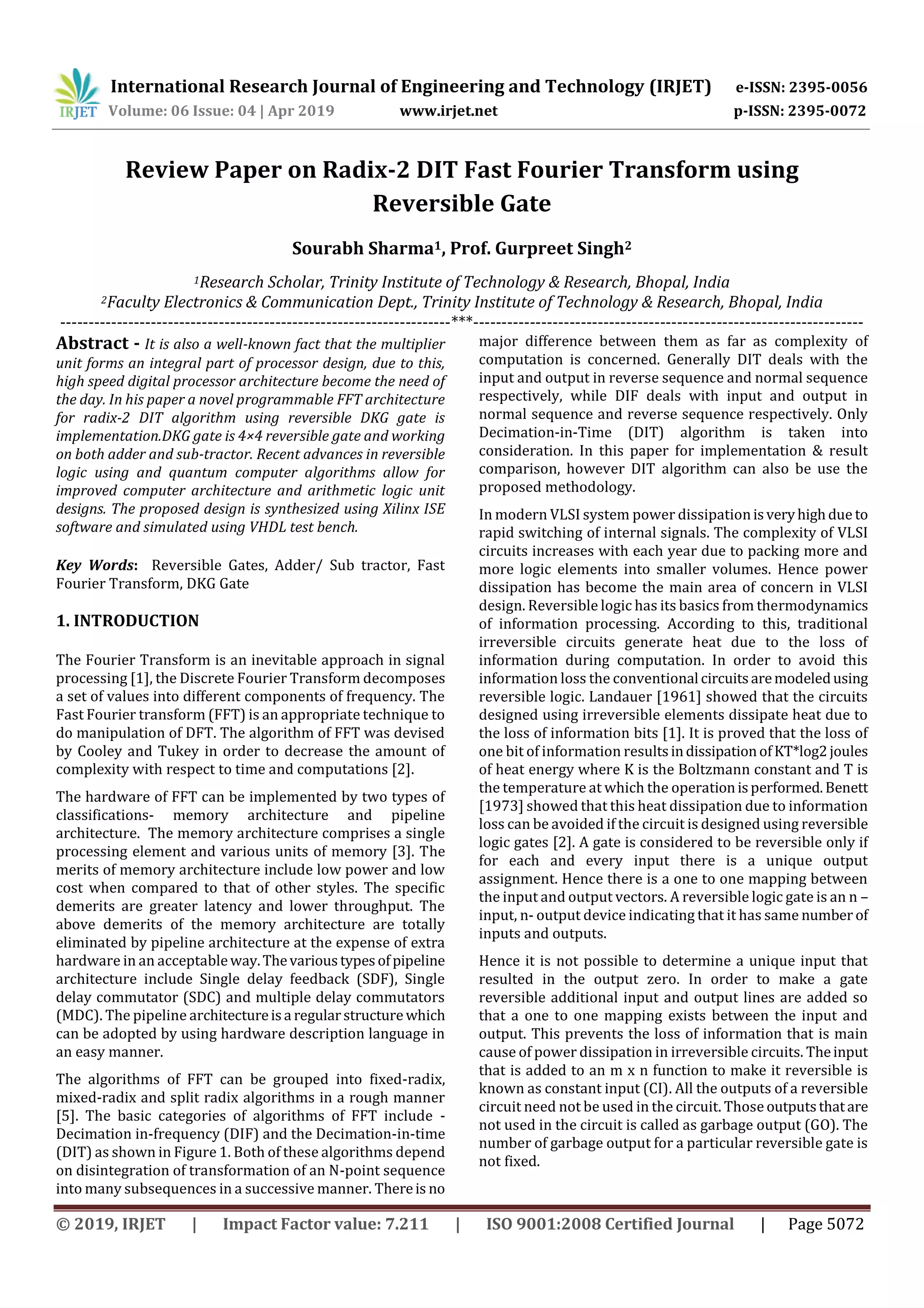 IRJET- Review Paper on Radix-2 DIT Fast Fourier Transform using Reversible Gate | PDF