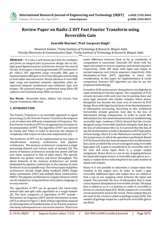 IRJET- Review Paper on Radix-2 DIT Fast Fourier Transform using Reversible Gate | PDF