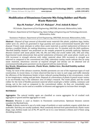 IRJET- Modification of Bituminous Concrete Mix using Rubber and Plastic Waste Materials | PDF ...