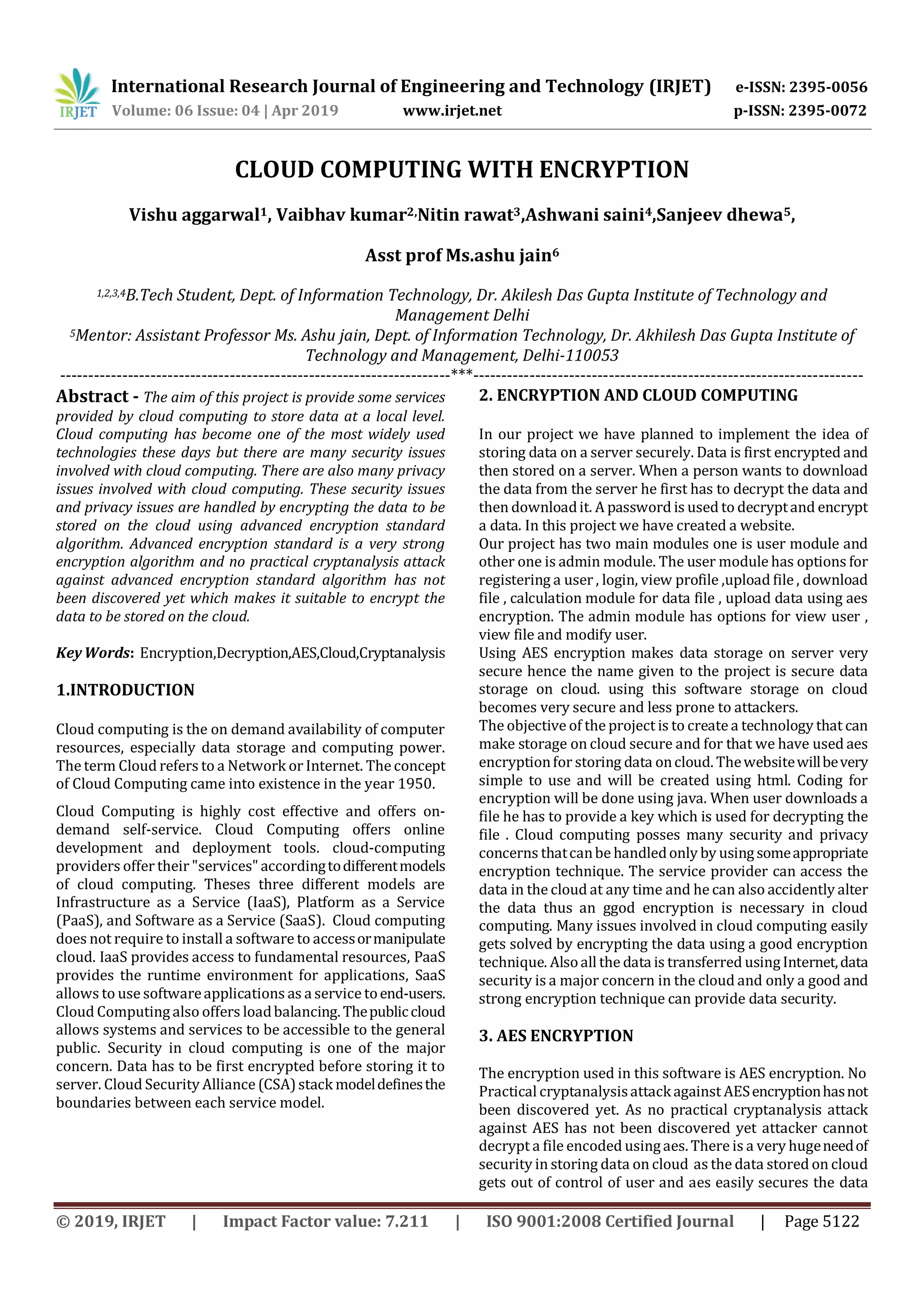 IRJET- Cloud Computing with Encryption | PDF