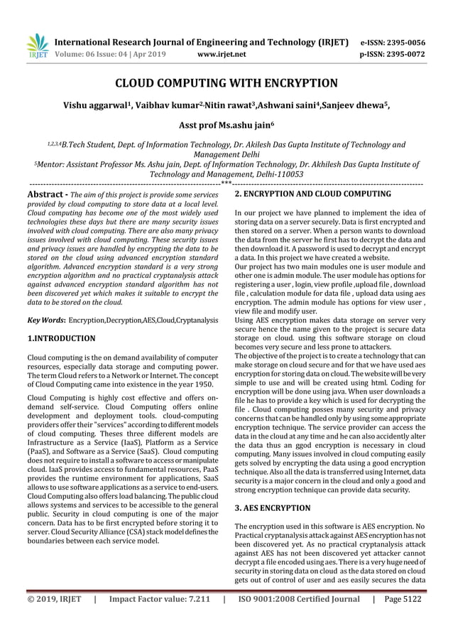 IRJET- Cloud Computing with Encryption | PDF