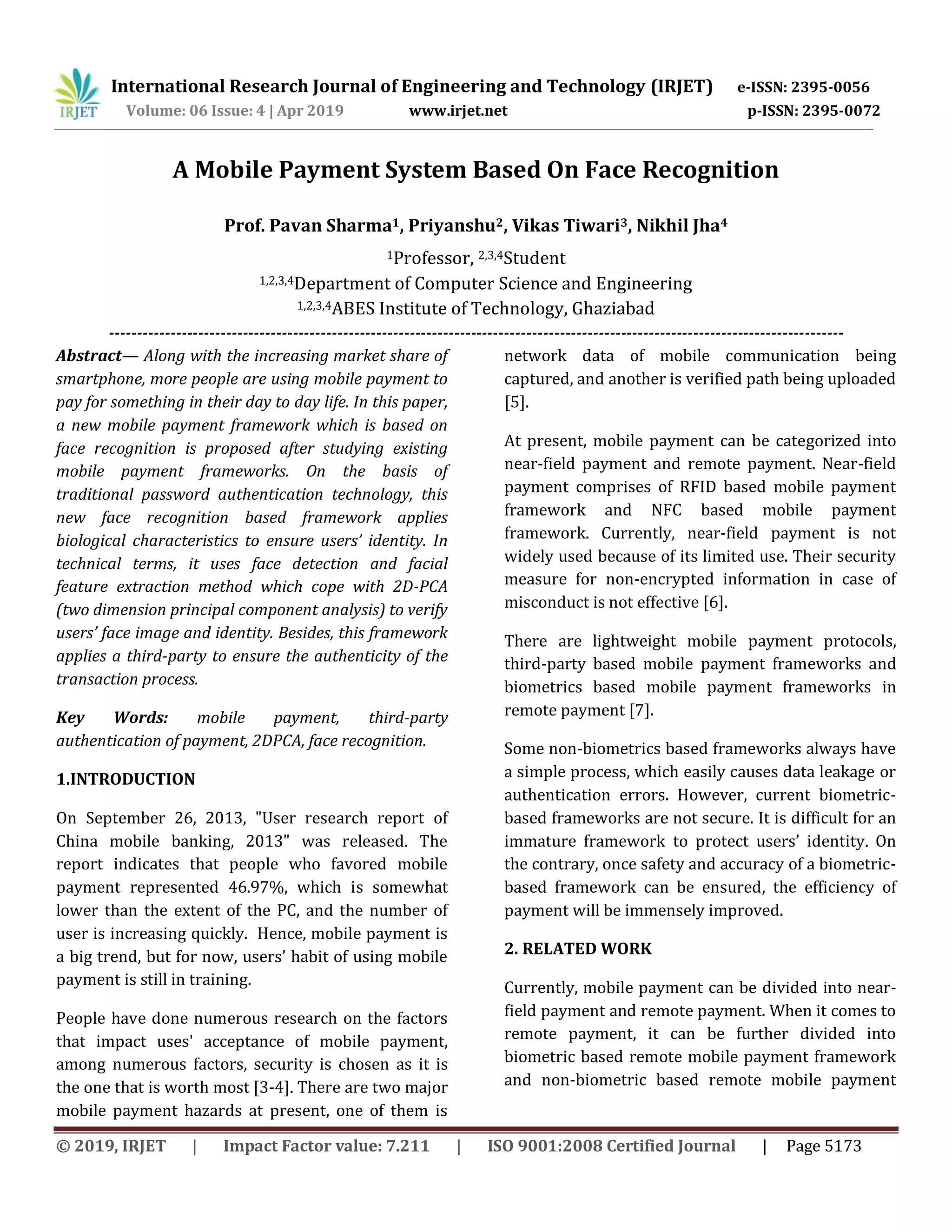 IRJET- A Mobile Payment System Based on Face Recognition | PDF