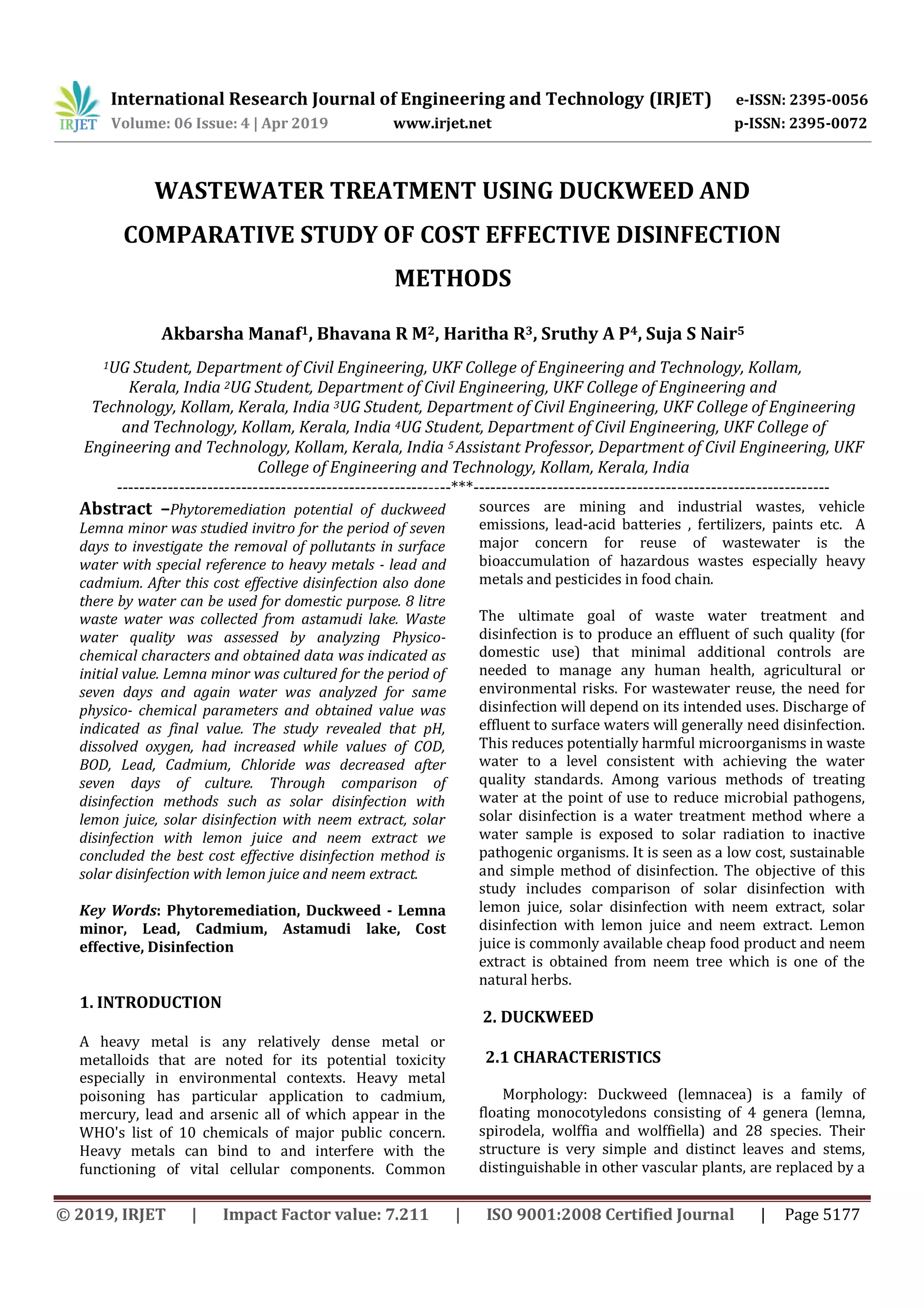 IRJET- Wastewater Treatment using Duckweed and Comparative Study of Cost Effective Disinfection ...