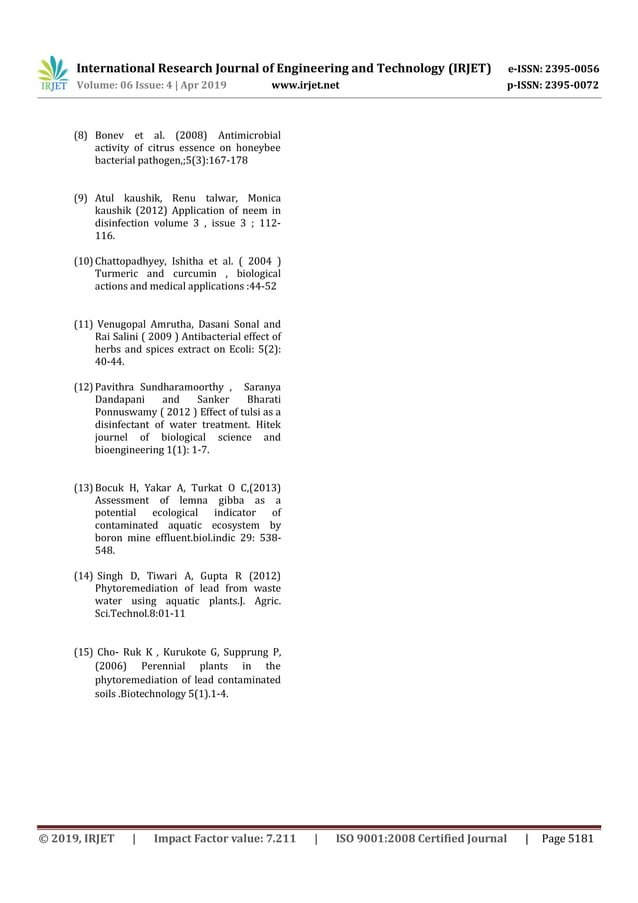 IRJET- Wastewater Treatment using Duckweed and Comparative Study of Cost Effective Disinfection ...