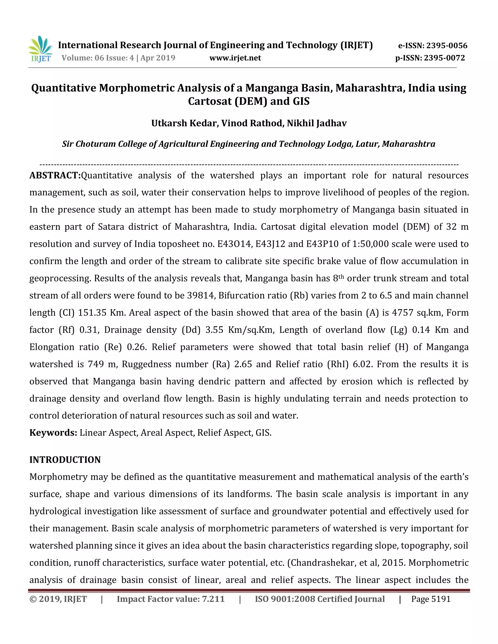 IRJET- Quantitative Morphometric Analysis of a Manganga Basin, Maharashtra, India using Cartosat ...
