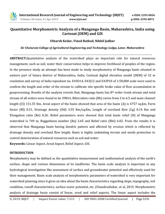 IRJET- Quantitative Morphometric Analysis of a Manganga Basin, Maharashtra, India using Cartosat ...