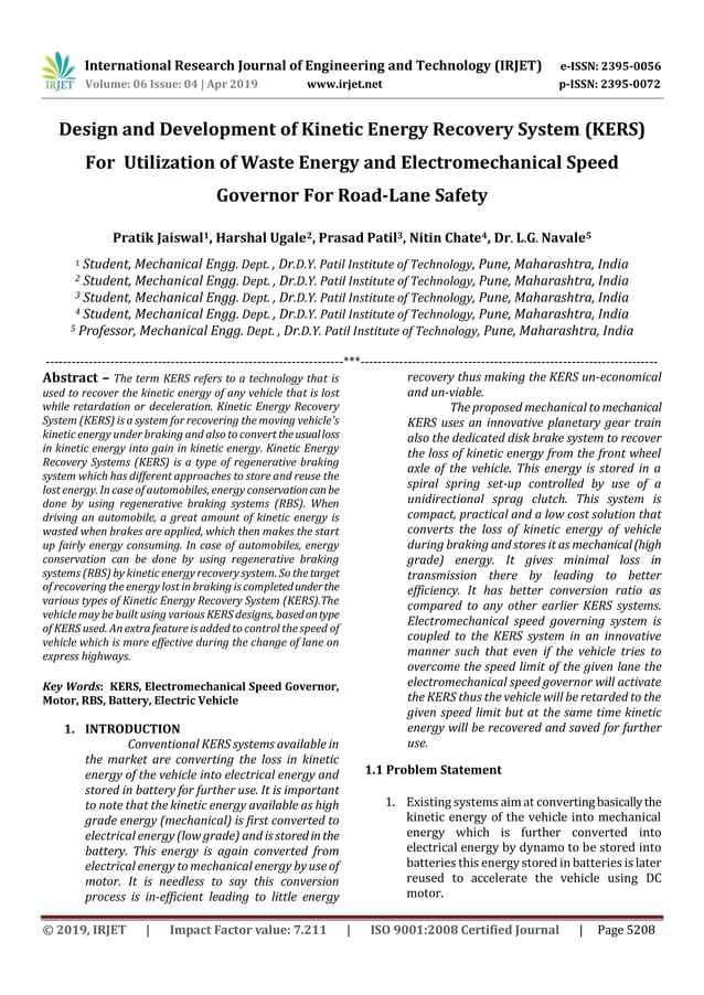 IRJET- Design and Development of Kinetic Energy Recovery System (KERS ...