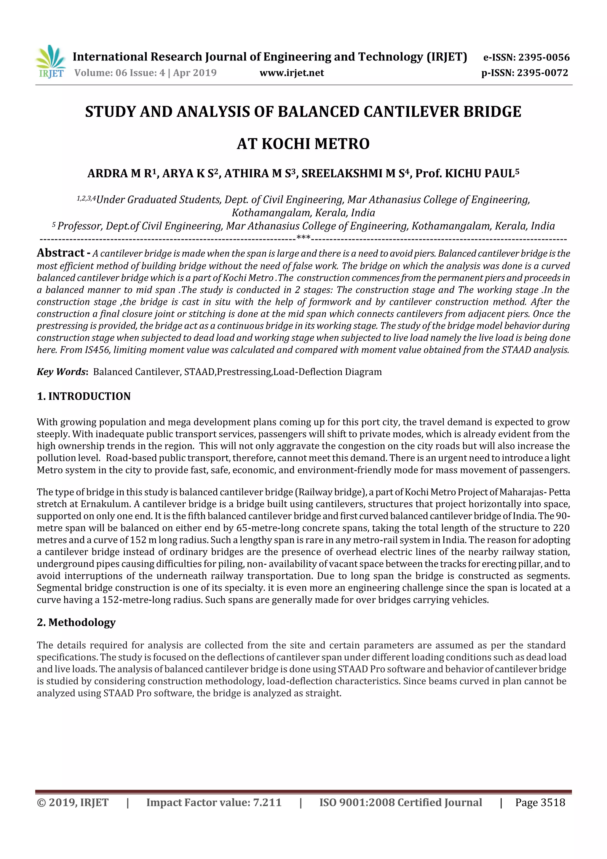 IRJET- Study and Analysis of Balanced Cantilever Bridge at Kochi Metro ...