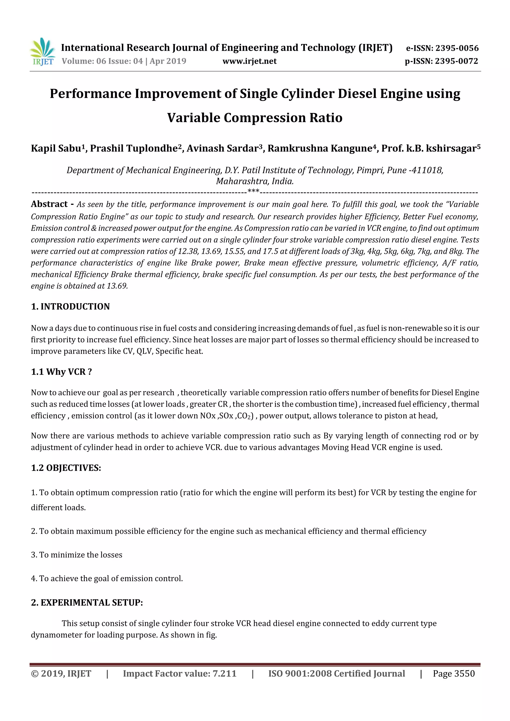 IRJET- Performance Improvement of Single Cylinder Diesel Engine using Variable Compression Ratio ...