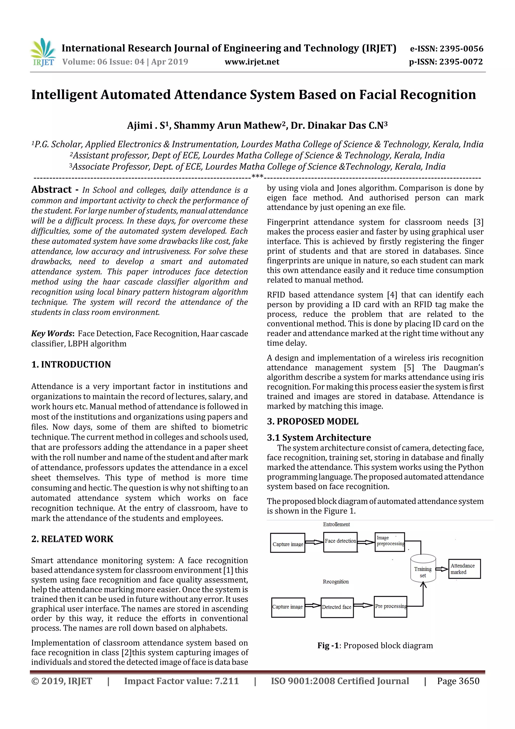 IRJET- Intelligent Automated Attendance System based on Facial Recognition | PDF | Computing ...