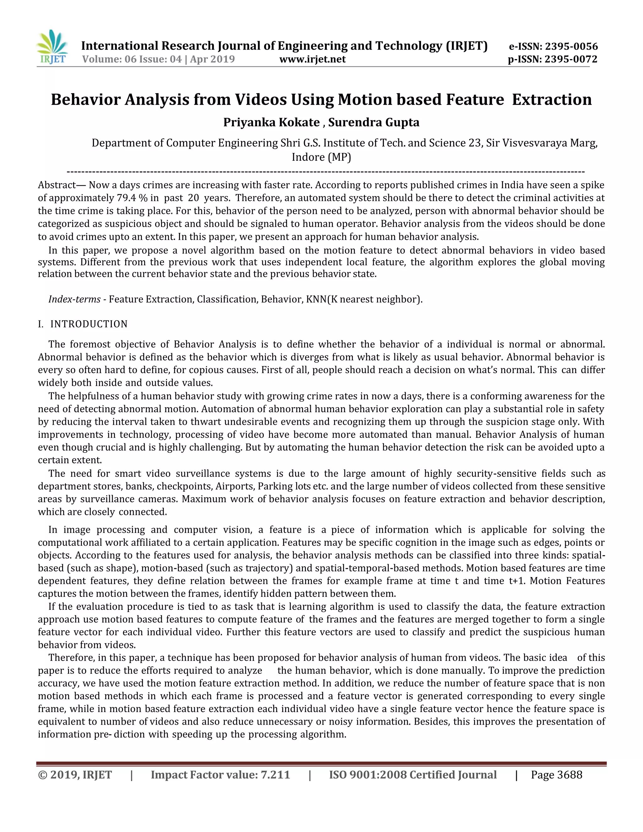 Irjet Behavior Analysis From Videos Using Motion Based Feature Extraction Pdf