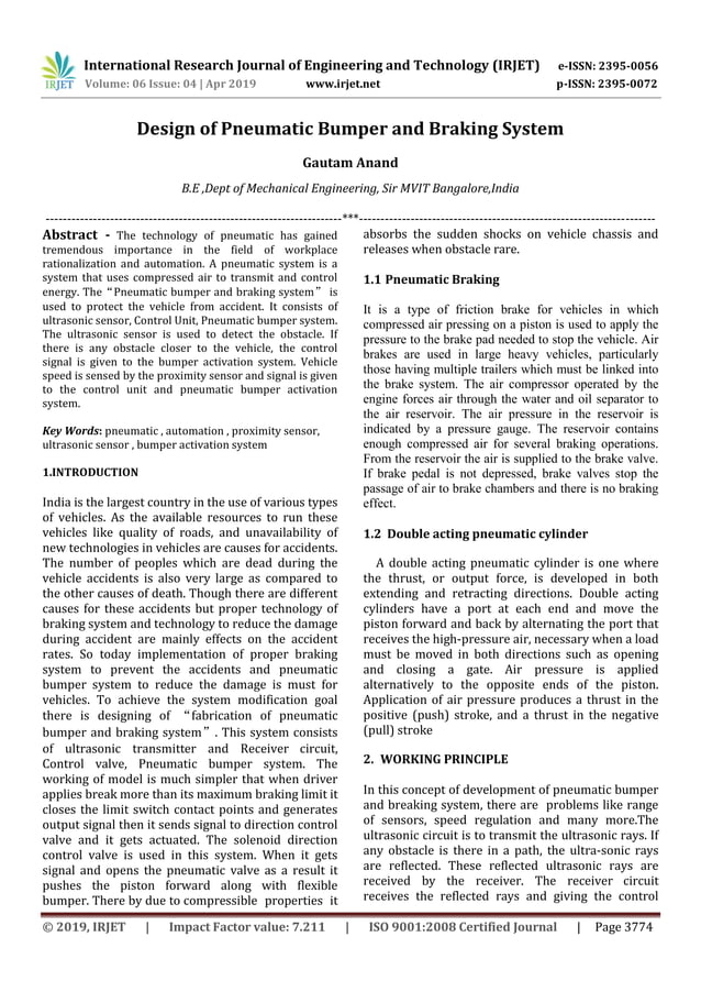 IRJET- Design of Pneumatic Bumper and Braking System | PDF