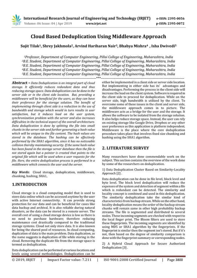 IRJET- Cloud based Deduplication using Middleware Approach | PDF | Data Storage and Warehousing ...