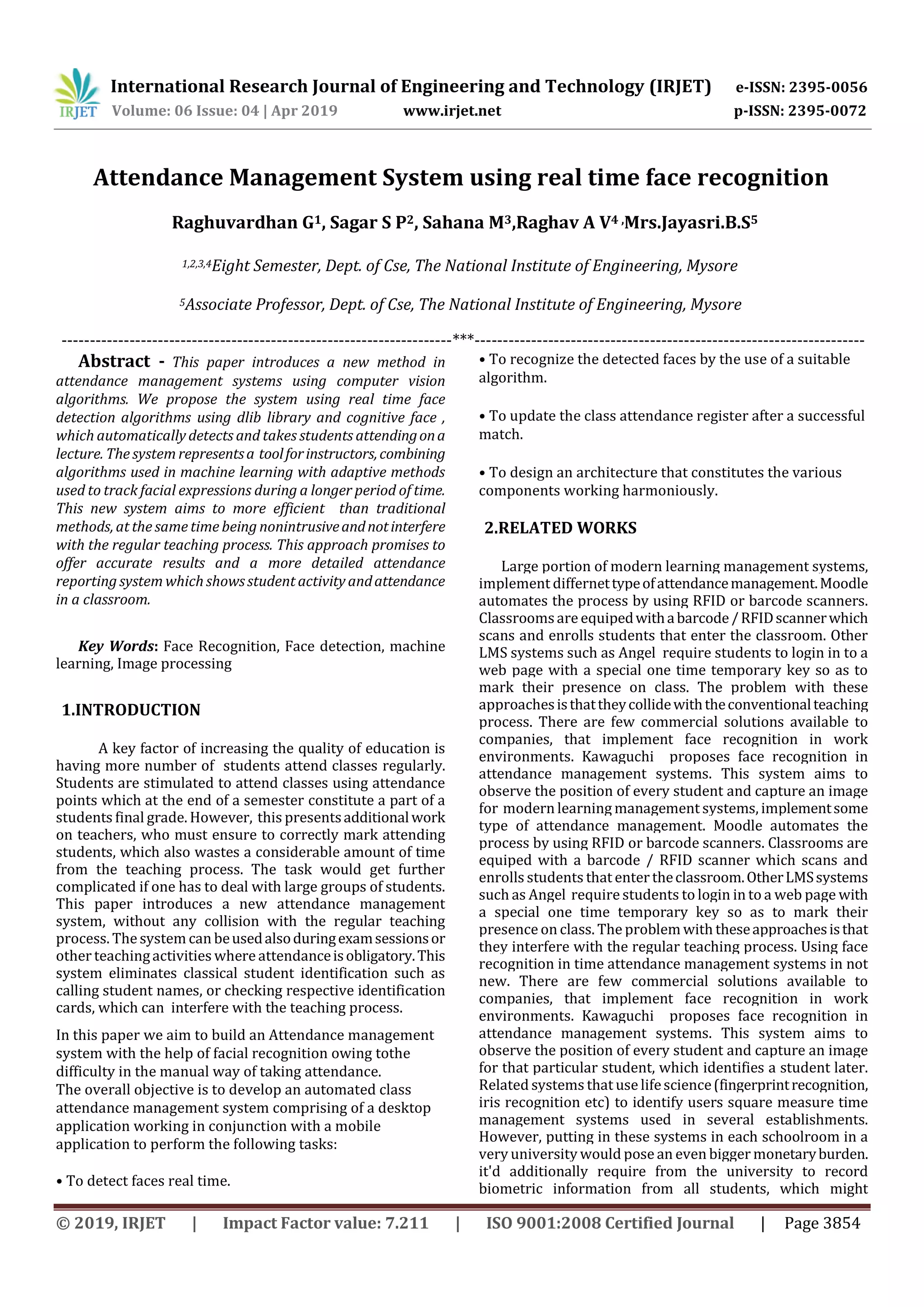 IRJET- Attendance Management System using Real Time Face Recognition | PDF