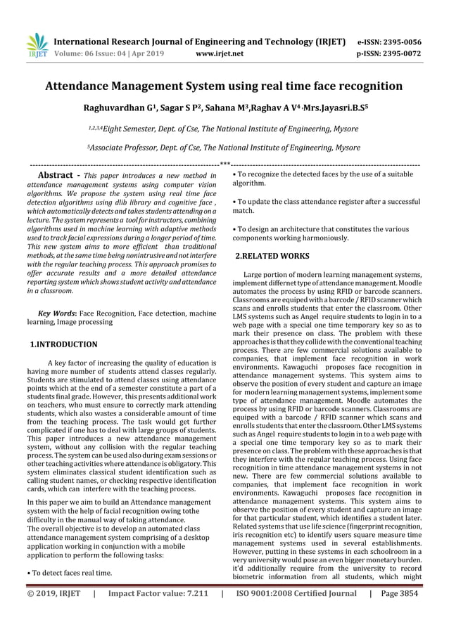 IRJET- Attendance Management System using Real Time Face Recognition | PDF