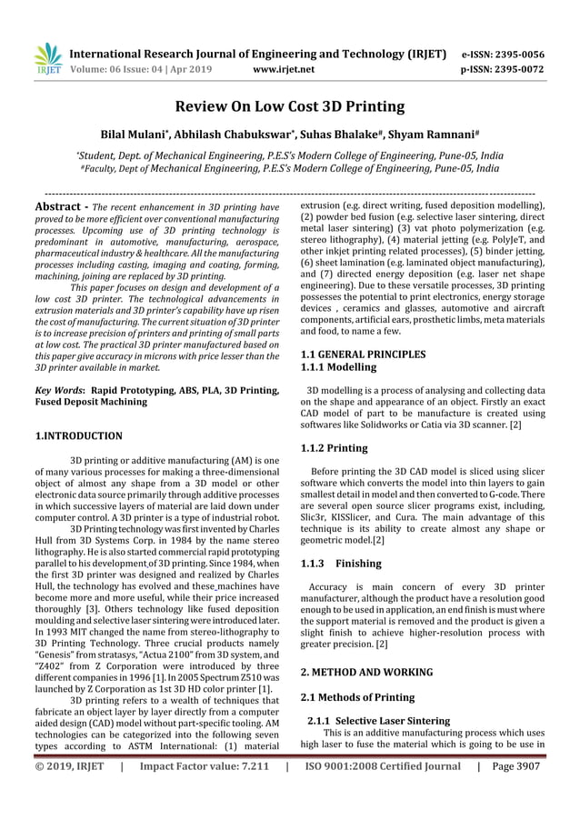 IRJET- Review on Low Cost 3D Printing | PDF | 3-D Graphics | Computer Software and Applications
