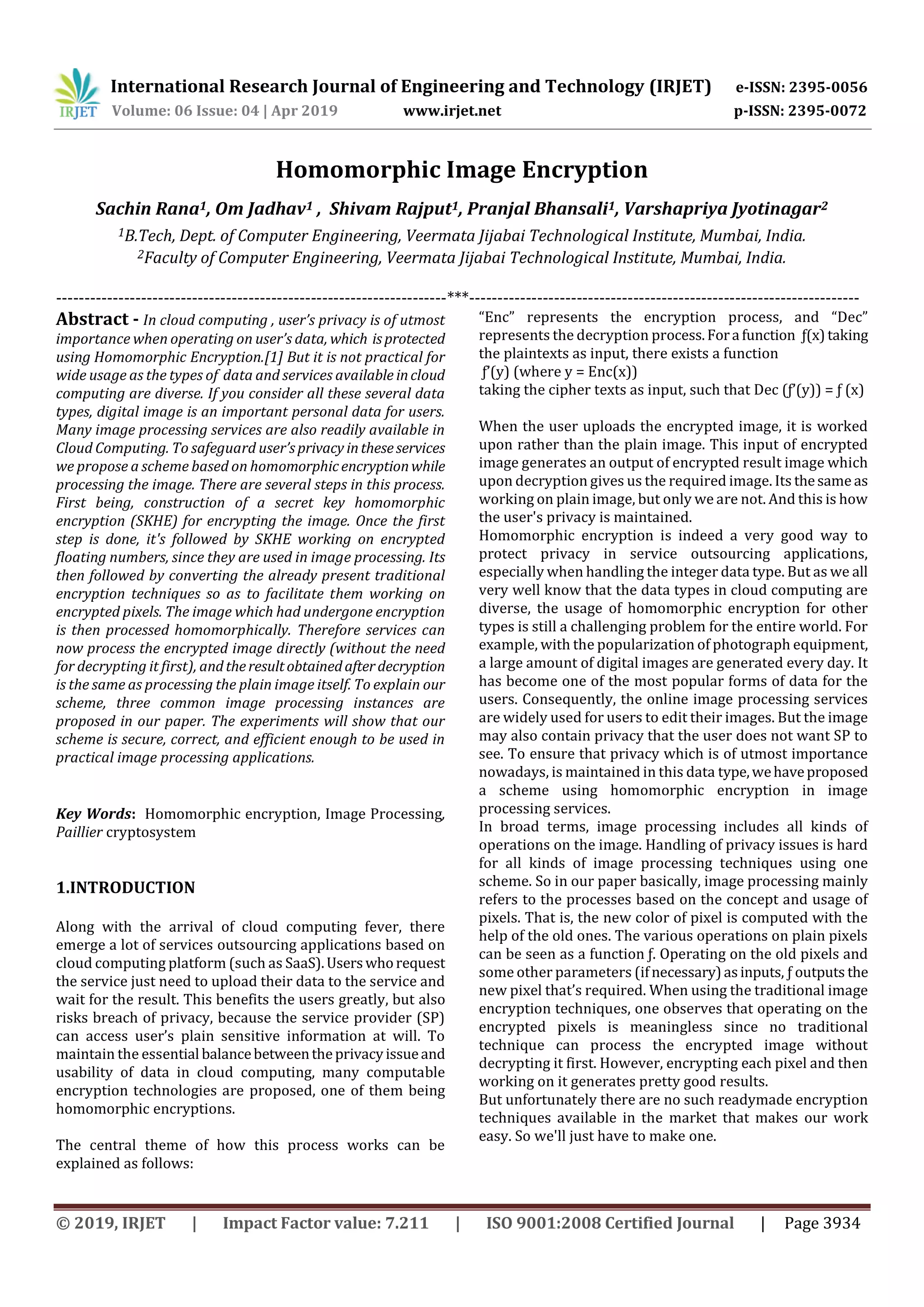 IRJET- Homomorphic Image Encryption | PDF
