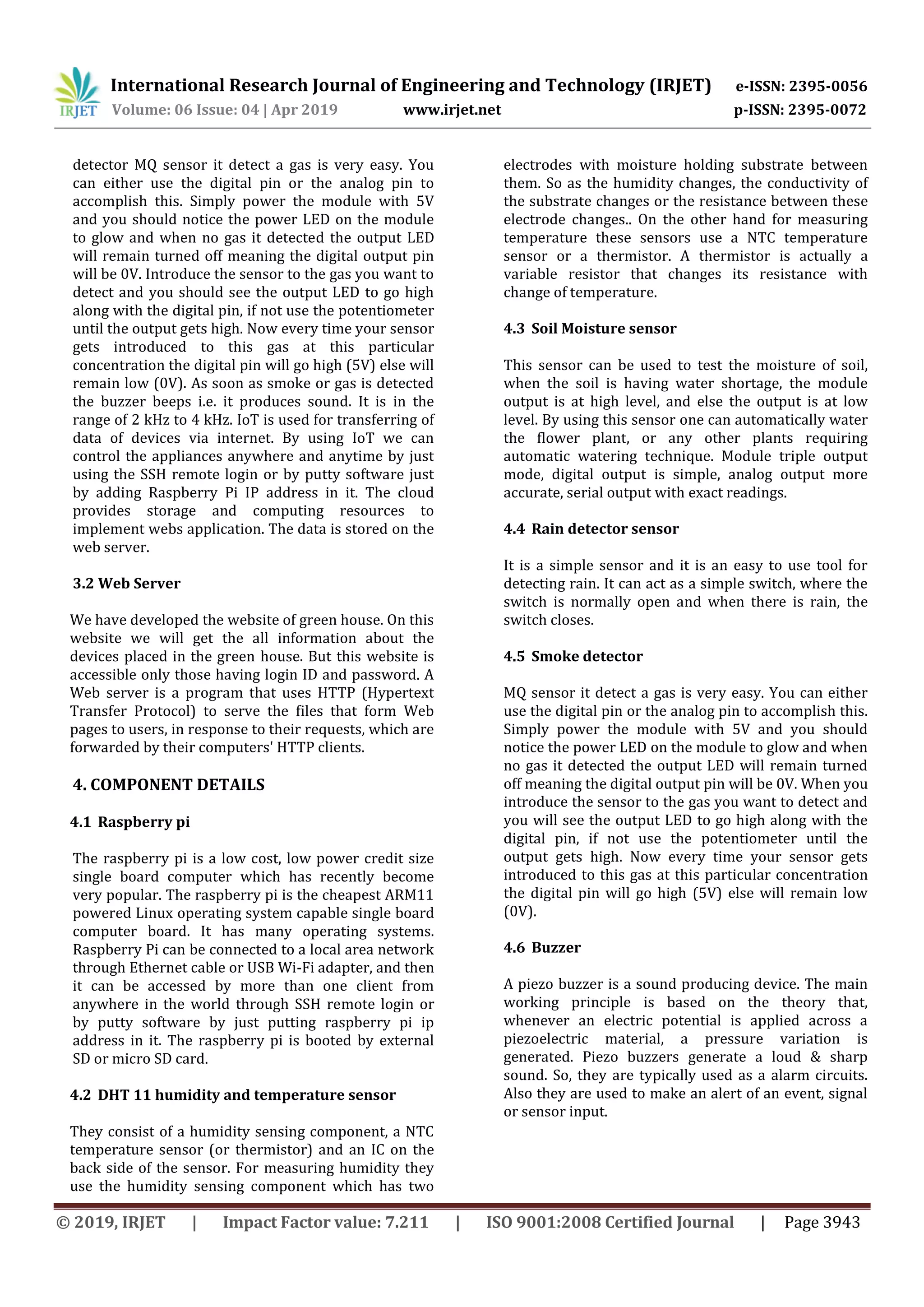 IRJET- IoT based Real Time Greenhouse Monitoring System using Raspberry Pi | PDF