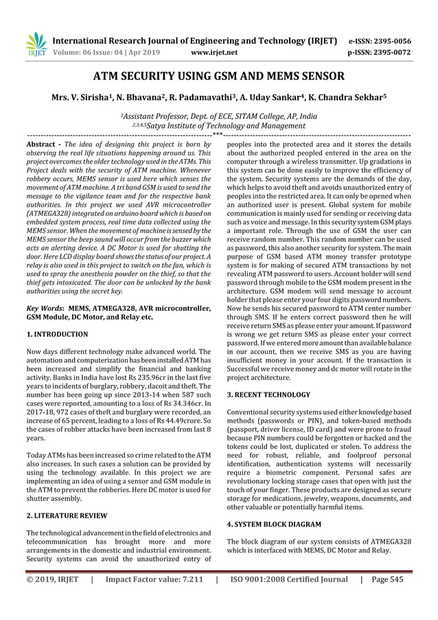 IRJET- ATM Security using GSM and MEMS Sensor | PDF