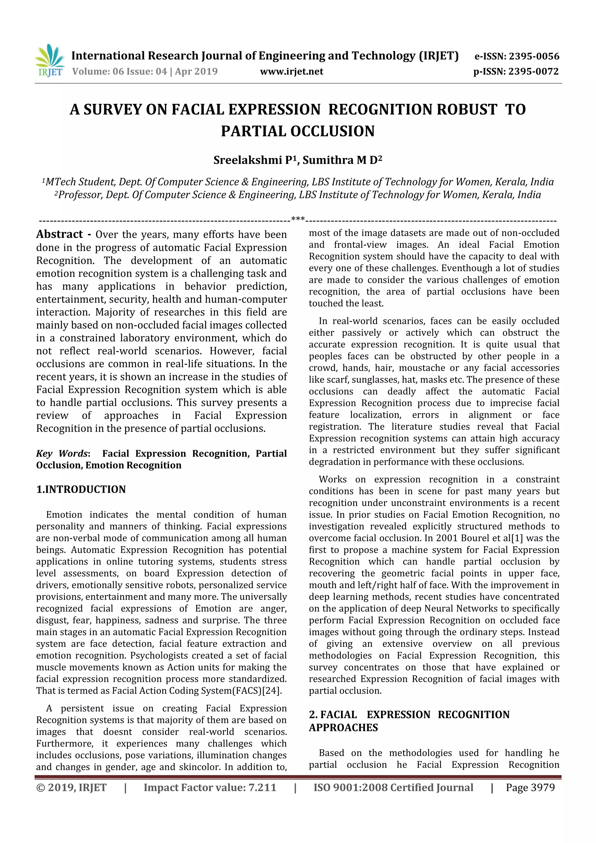 IRJET- A Survey on Facial Expression Recognition Robust to Partial Occlusion | PDF