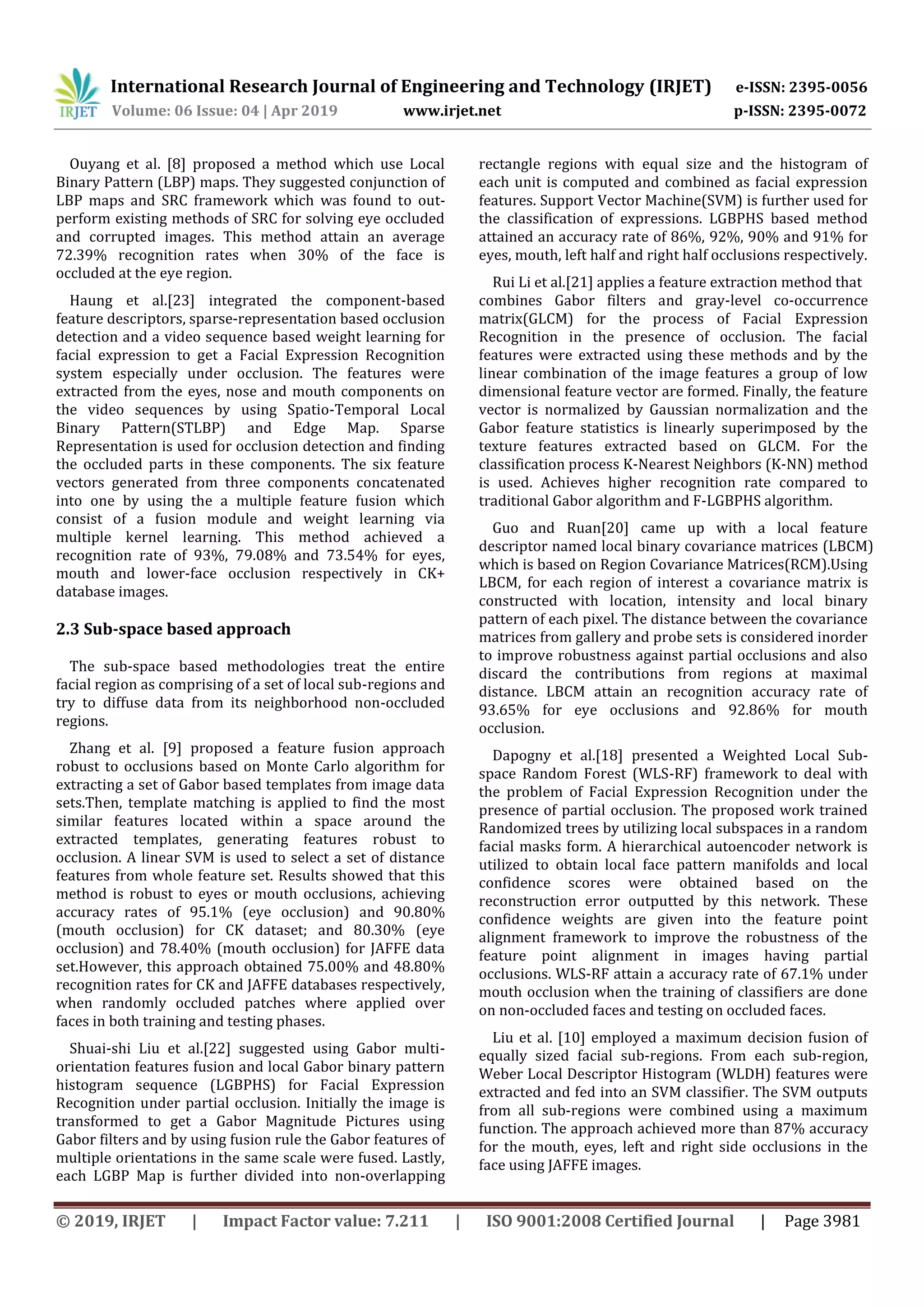 IRJET- A Survey on Facial Expression Recognition Robust to Partial Occlusion | PDF