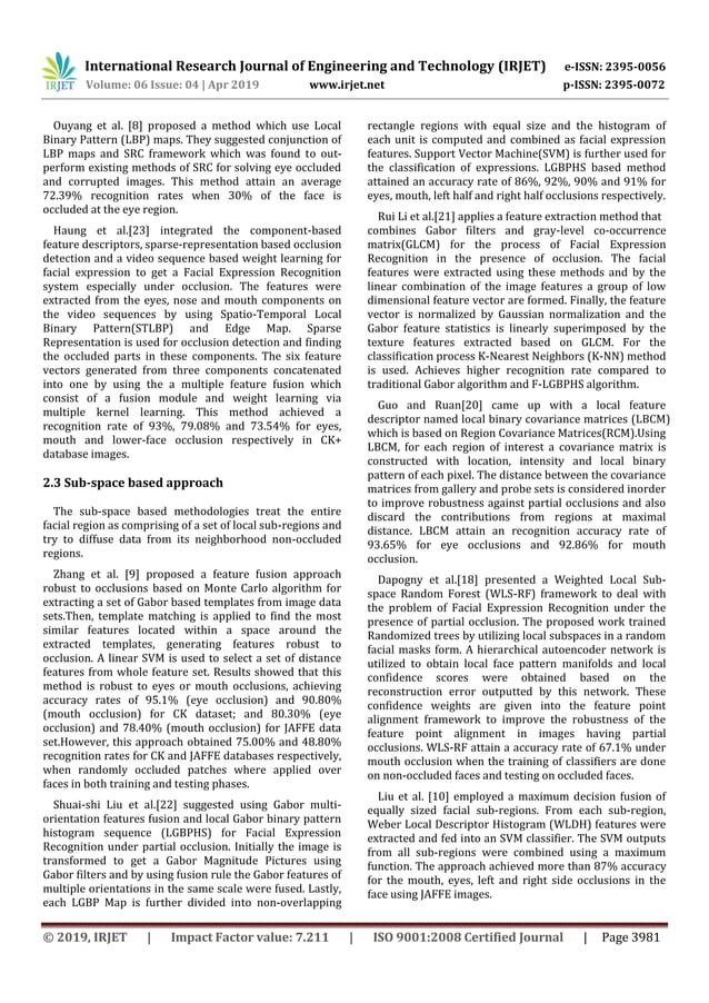 IRJET- A Survey on Facial Expression Recognition Robust to Partial Occlusion | PDF