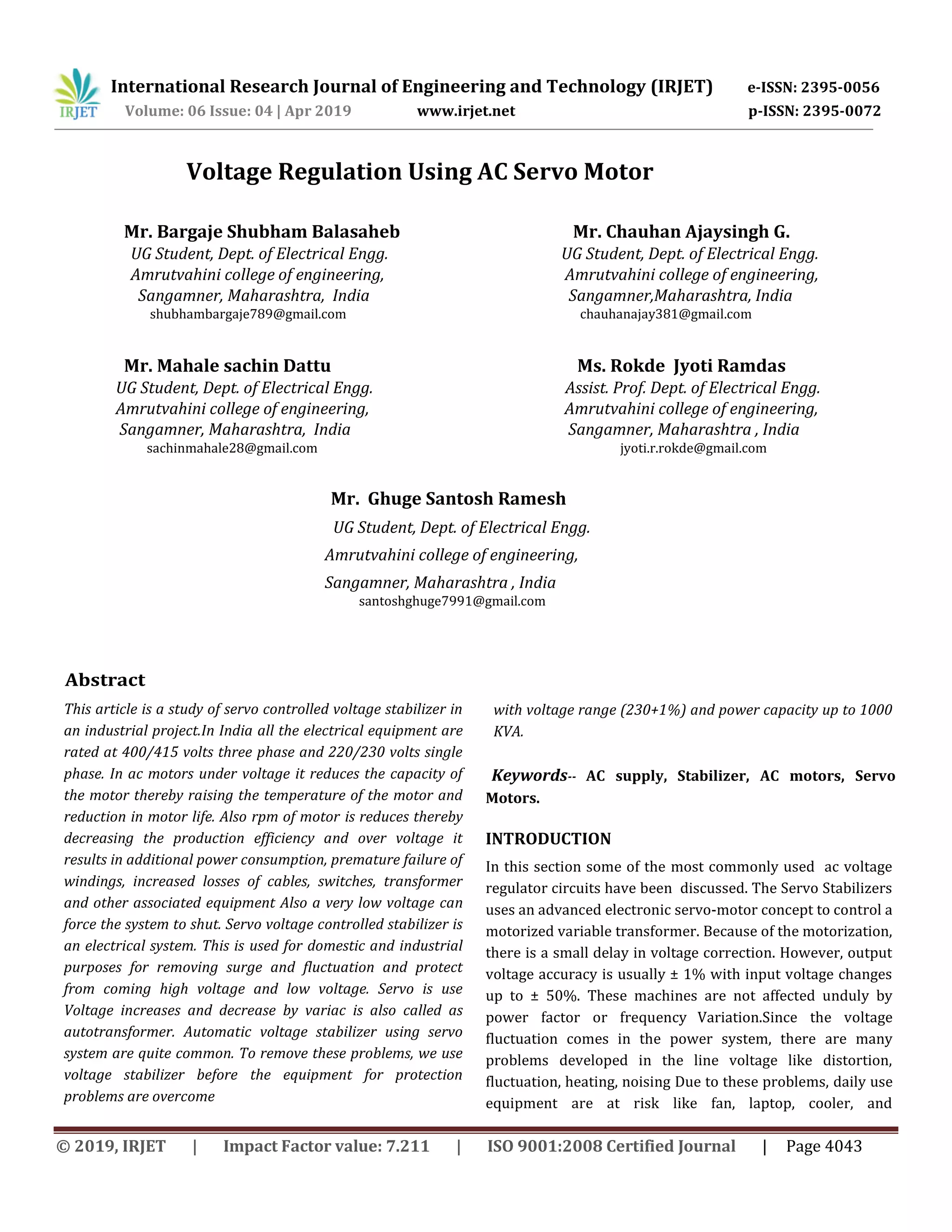 IRJET- Voltage Regulation using AC Servo Motor | PDF