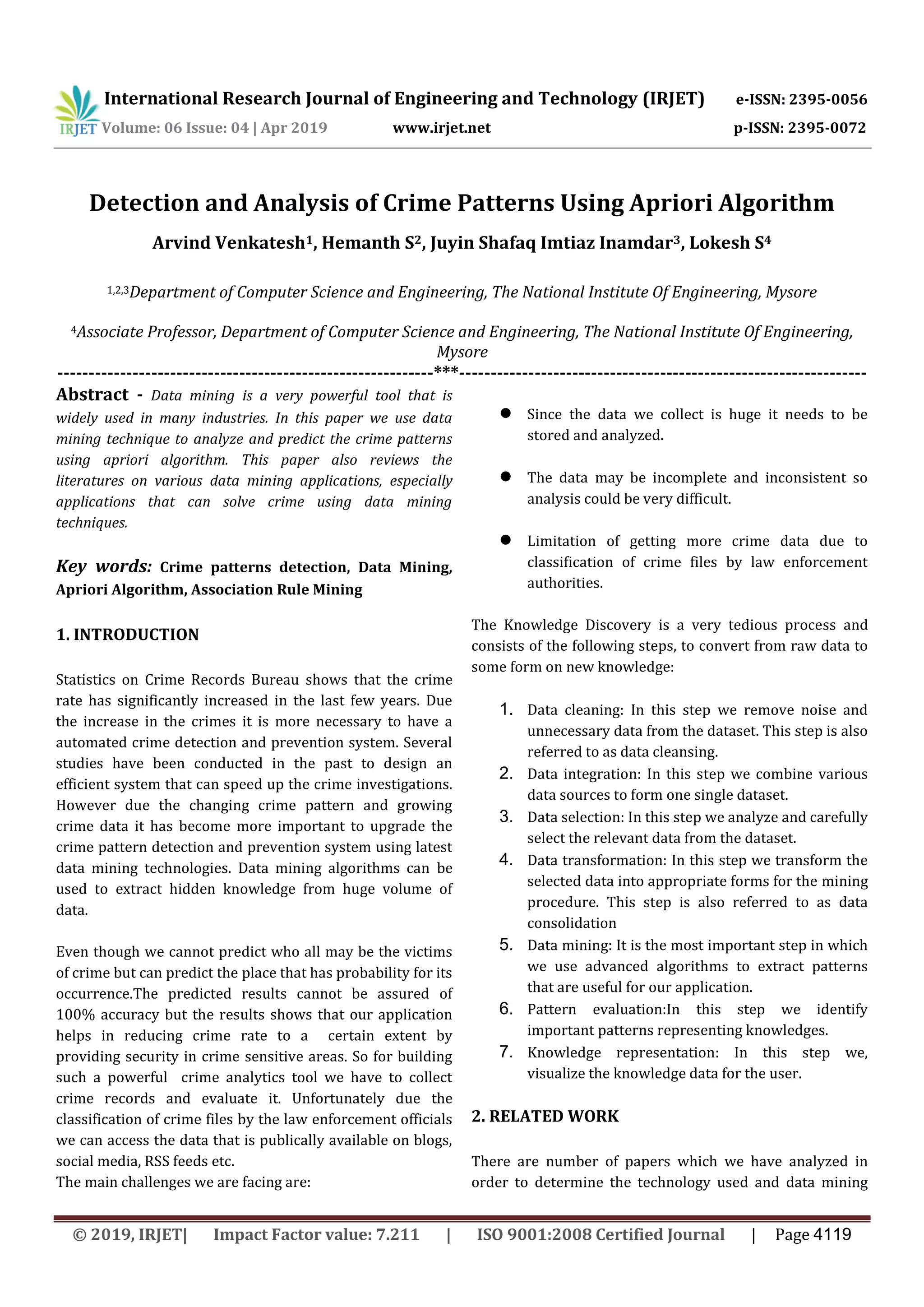 Irjet Detection And Analysis Of Crime Patterns Using Apriori Algorithm Pdf 3464
