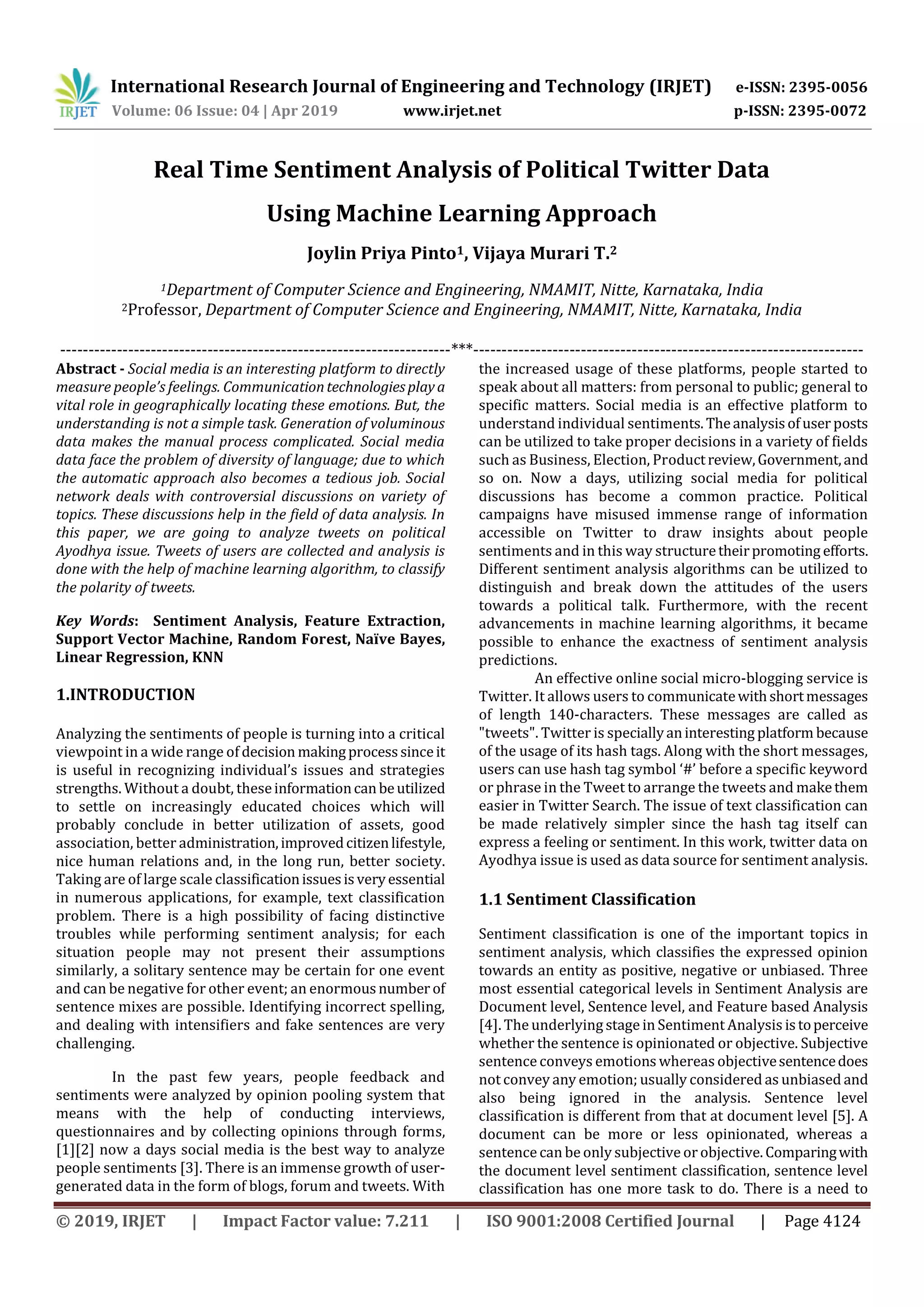 IRJET- Real Time Sentiment Analysis of Political Twitter Data using Machine Learning Approach | PDF