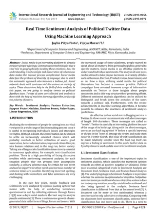 IRJET- Real Time Sentiment Analysis of Political Twitter Data using Machine Learning Approach | PDF