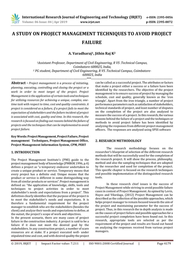 IRJET- A Study on Project Management Techniques to Avoid Project Failure | PDF