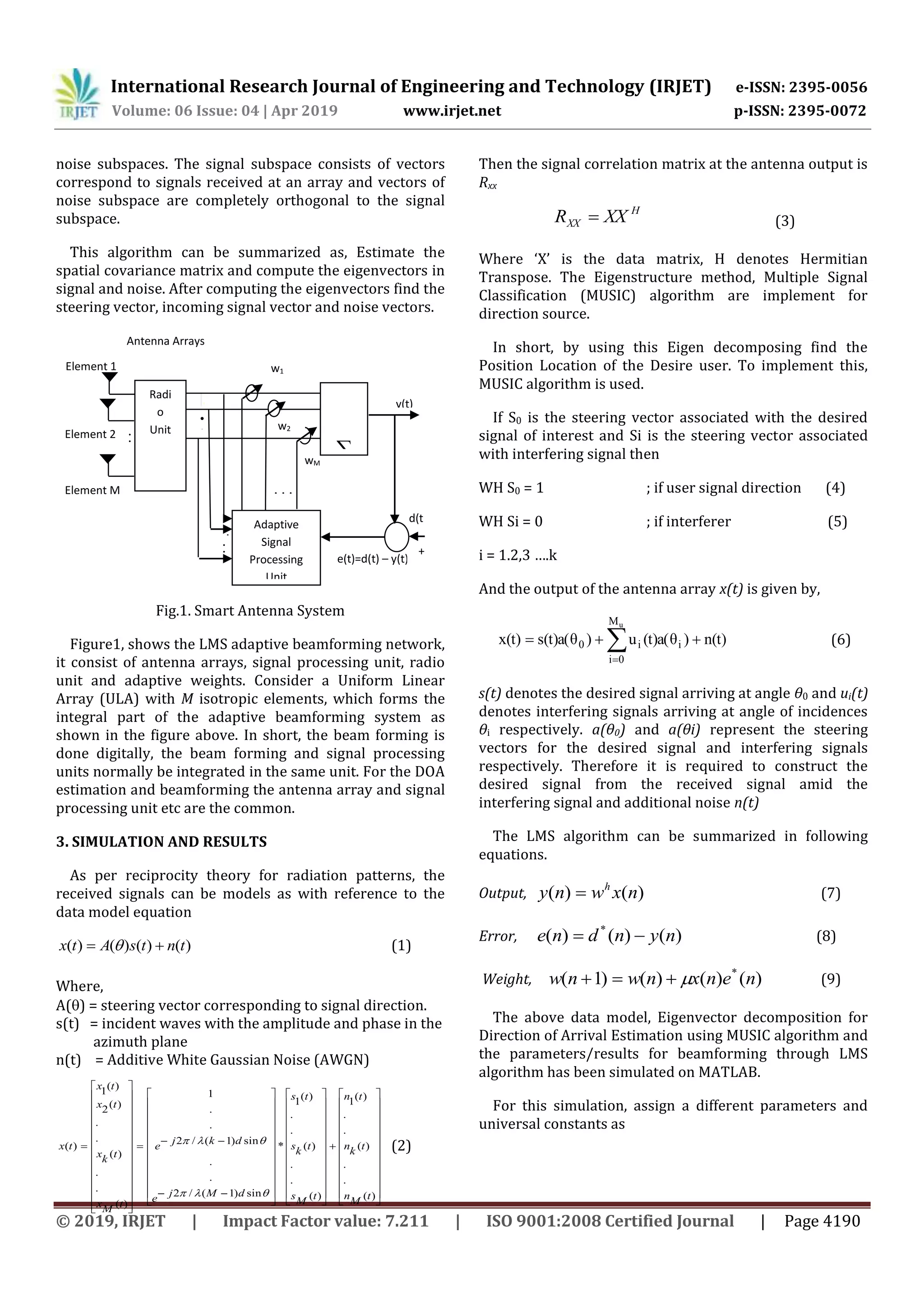 Irjet Performance Evaluation Of Doa Estimation Using Music And Beamforming Using Lms Algorithm
