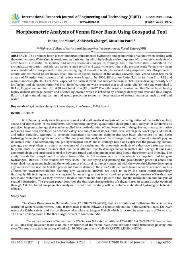 IRJET- Morphometric Analysis of Venna River Basin using Geospatial Tool | PDF