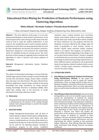 IRJET- Educational Data Mining for Prediction of StudentsPerformance using Clustering Algorithms ...