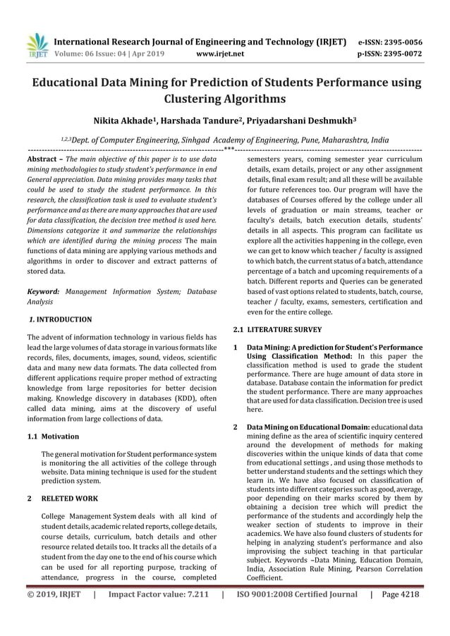 IRJET- Educational Data Mining for Prediction of StudentsPerformance using Clustering Algorithms ...